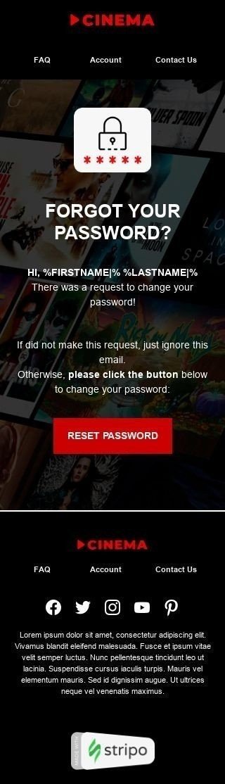 Password Reset Email Template «Restore the movie» for Movies industry ...