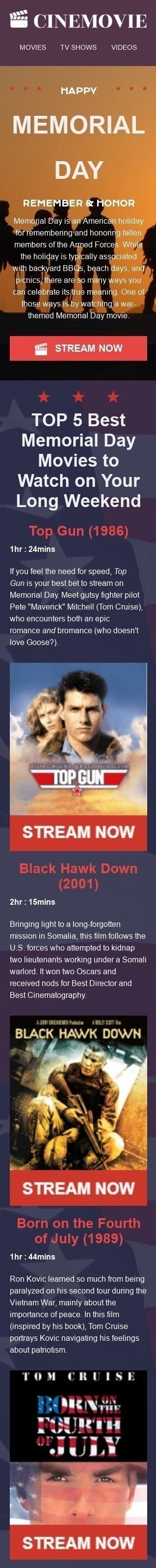 Best Memorial Day movies Email Template by Stripo.email