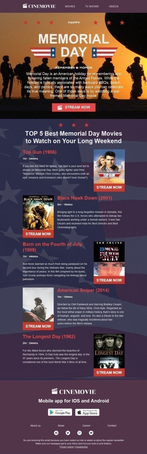 Best Memorial Day movies Email Template by Stripo.email