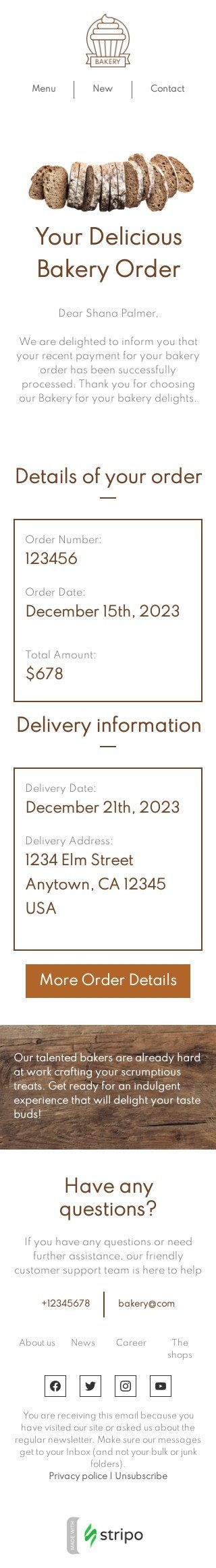 Bakery order Email Template by :full_name — Stripo.email